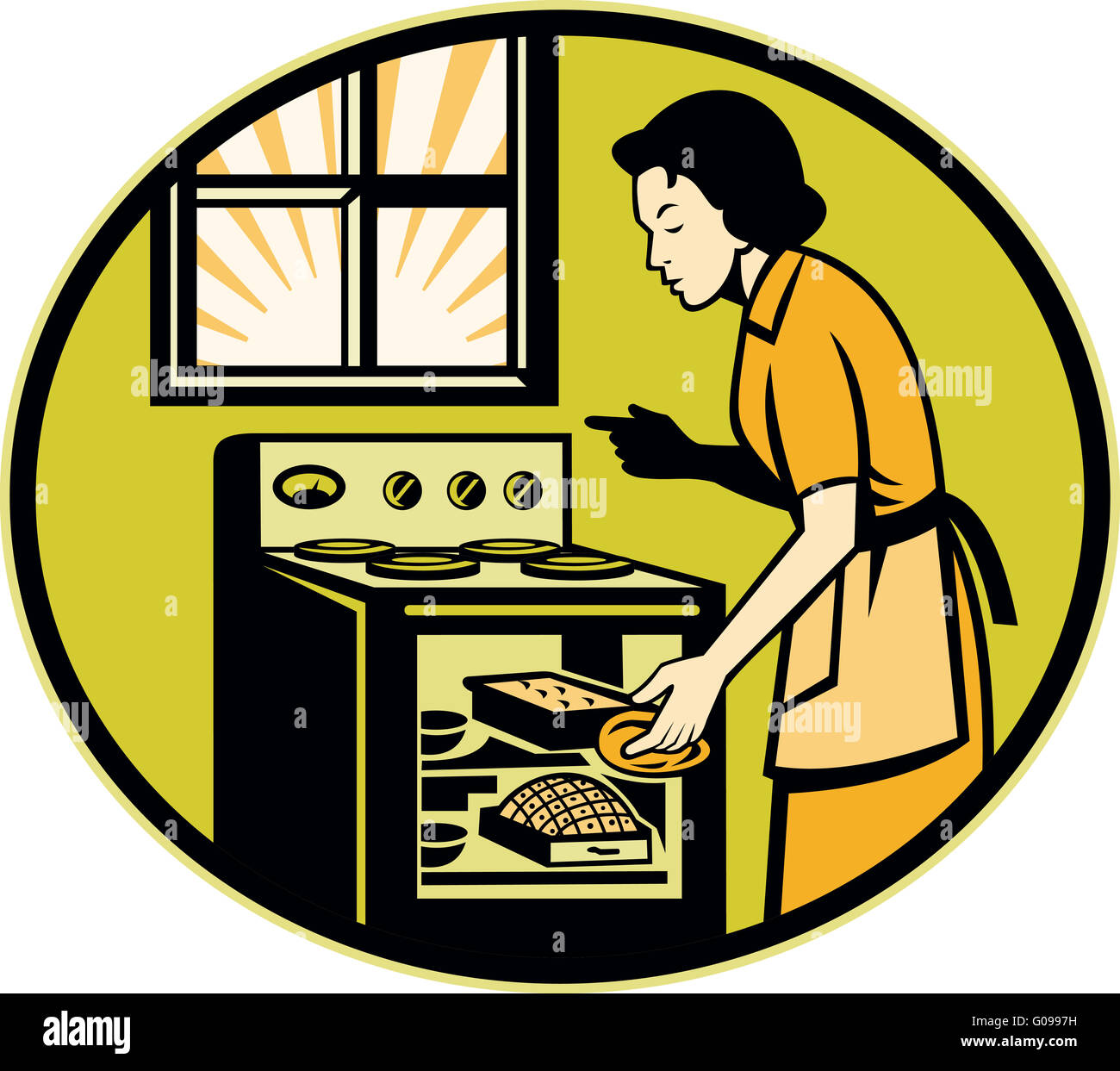 Housewife Baking Bread Pastry Dish Oven Retro Stock Photo - Alamy