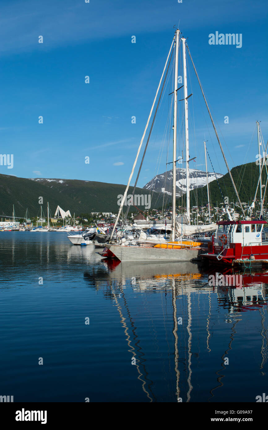 Norway, Tromso. Harbor area and waterfront view, Arctic Cathedral in ...
