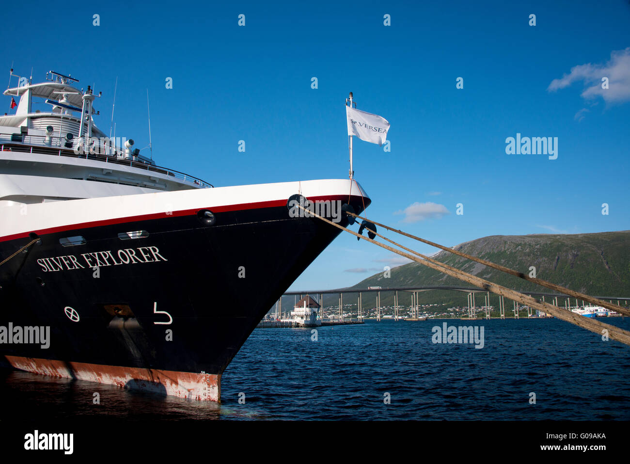 Norway, Tromso. Silverseas expedition ship, Silver Explorer, docked in ...