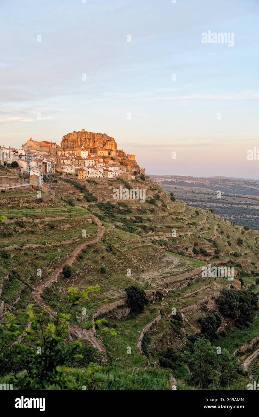 Sunset landscape mountain view of the old town Ares in Spain Stock ...