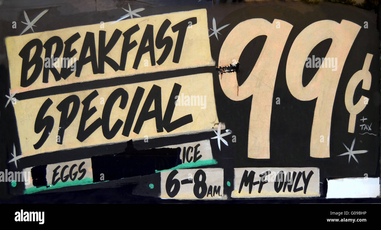 Grungy Urban Breakfast Only Sign In The Window Of A Diner Stock Photo ...