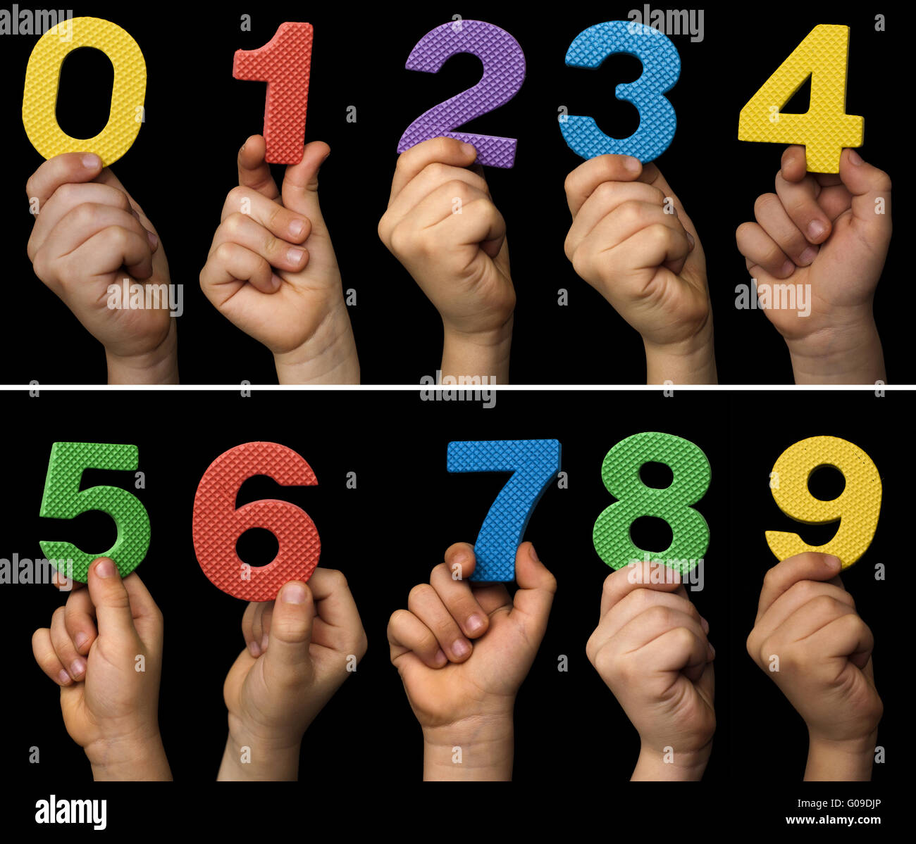 Children hands holding numbers. Black isolated multicolor numbers Stock ...
