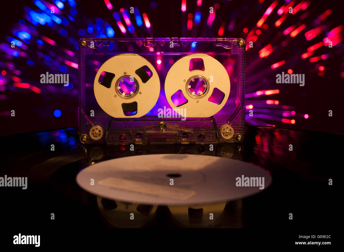 LP vinyl record, cassette tape and disco lights Stock Photo - Alamy