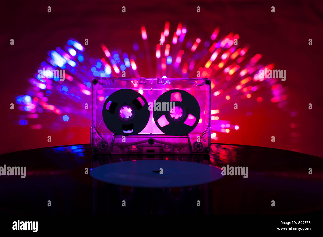 LP vinyl record, cassette tape and disco lights Stock Photo - Alamy