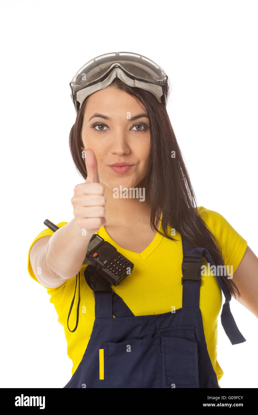 A female construction worker holding an ok signal - isolated Stock ...