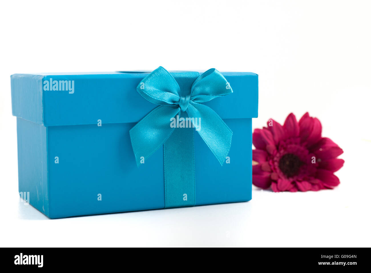 Pretty turquoise gift box with a Gerbera daisy Stock Photo - Alamy