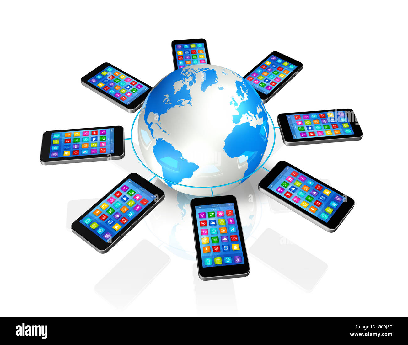 Smartphones Around World Globe, Global Communication Stock Photo - Alamy