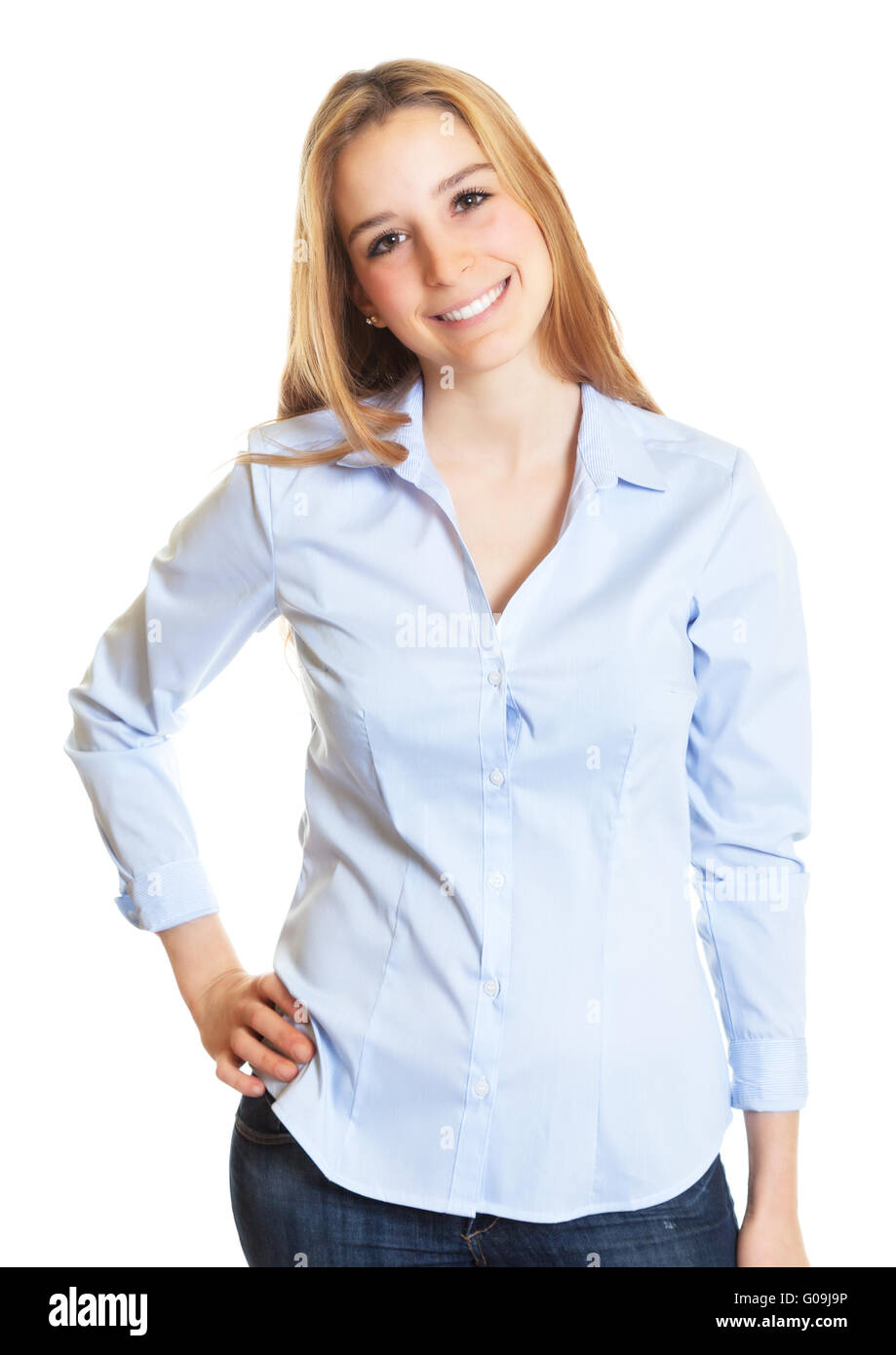 Female secretary with blond hair looking at camera Stock Photo - Alamy