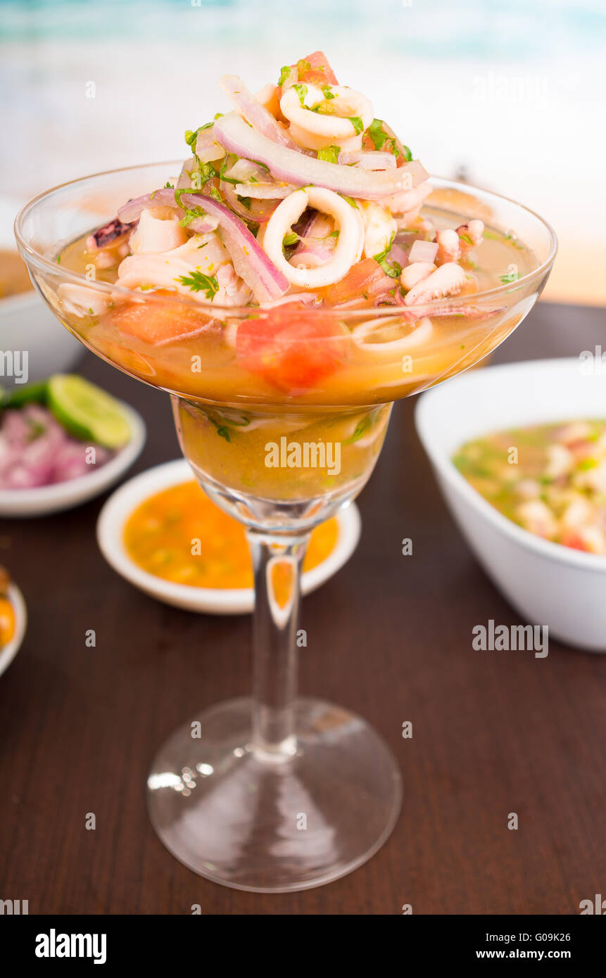 Traditional ecuadorian ceviche served on a glass cup ready to served ...