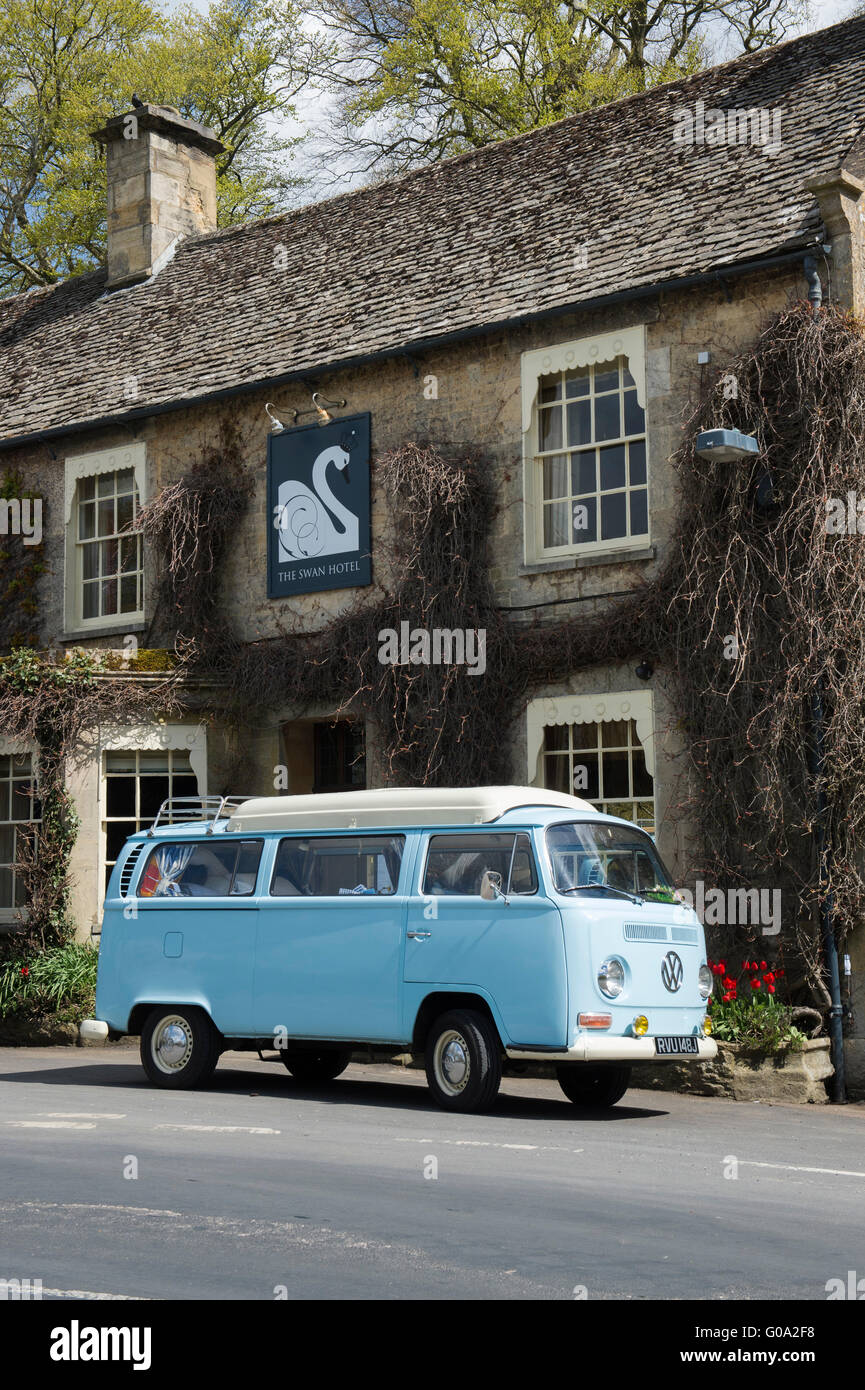 Blue VW Campervan parked outside the Swan Hotel in Bibury, Cotswolds ...