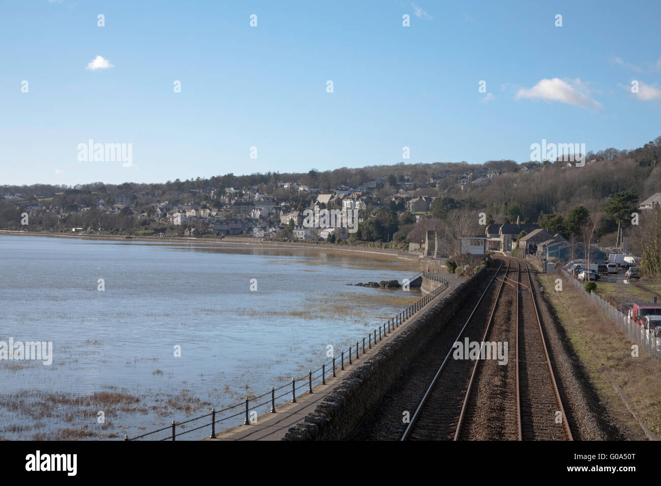Grange-over-Sands and railway line on the estuary of The River Kent ...