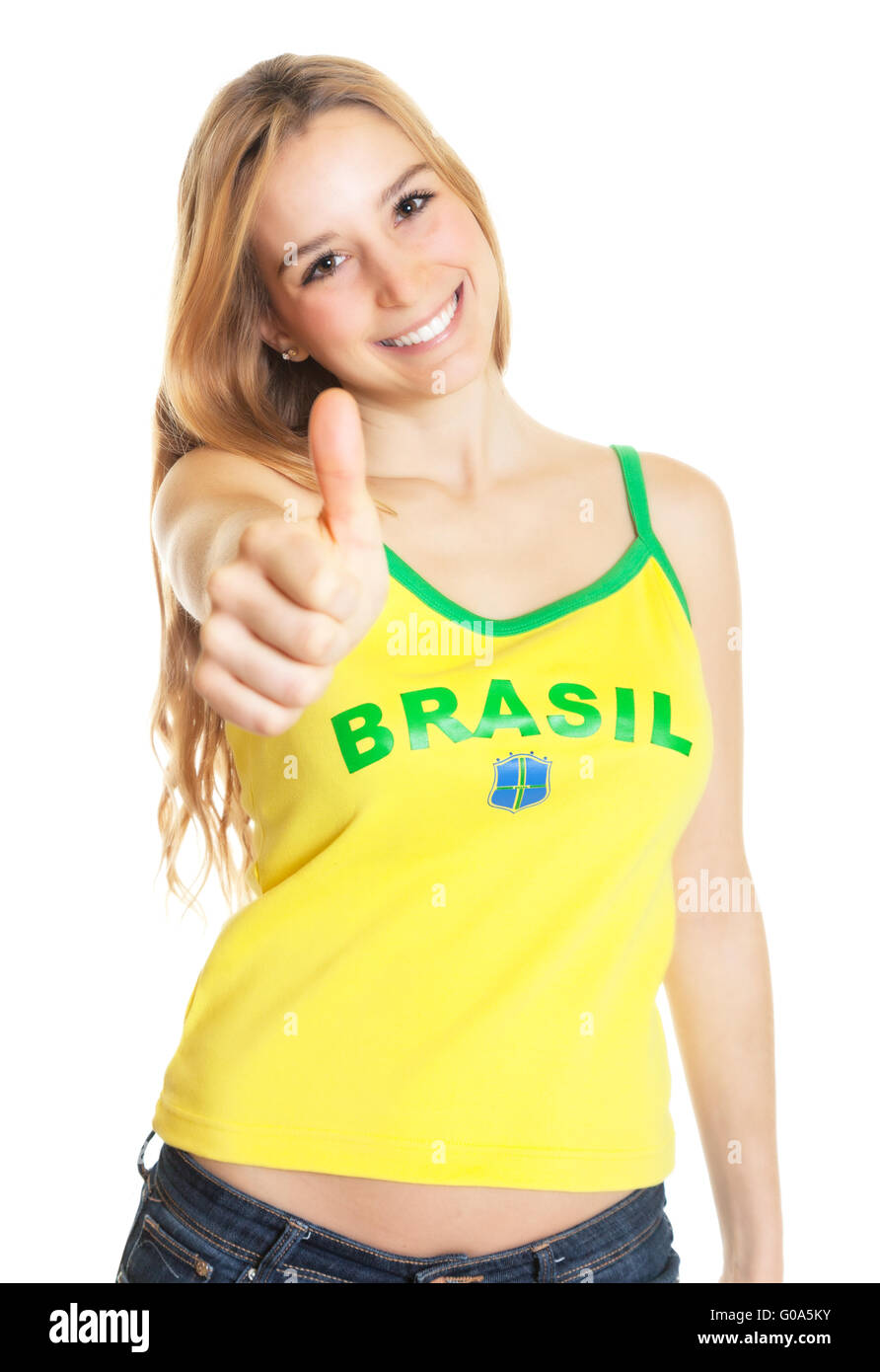 Brazilian sports fan showing thumb up Stock Photo - Alamy