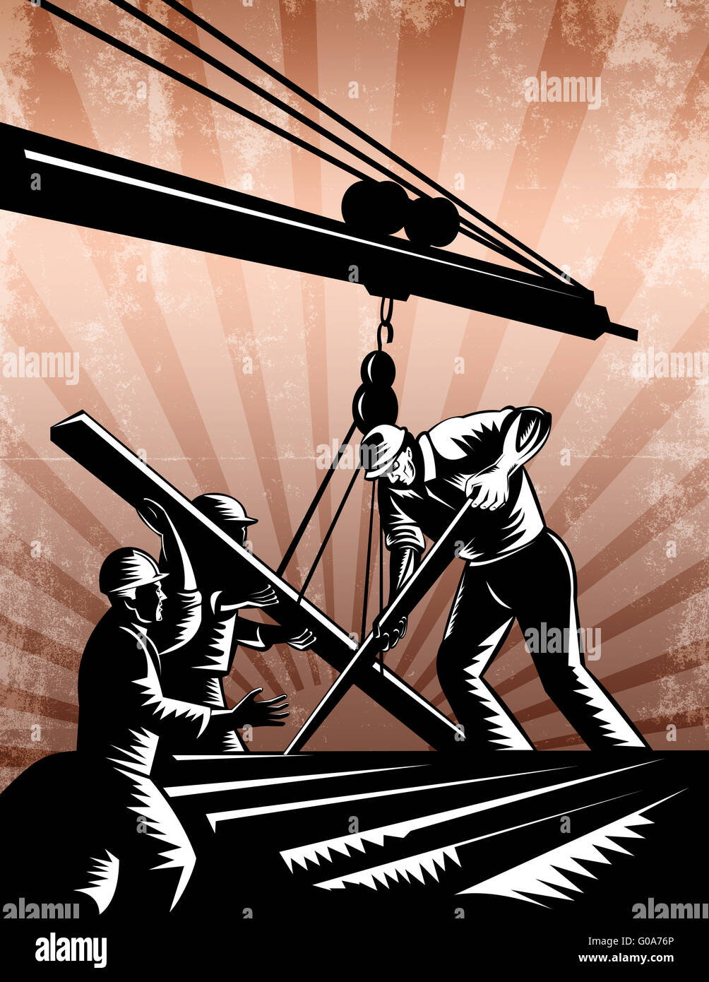 Construction Team Workers Woodcut Retro Poster Stock Photo - Alamy