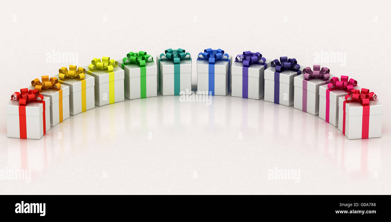 white gift boxes with varicolored ribbon Stock Photo - Alamy