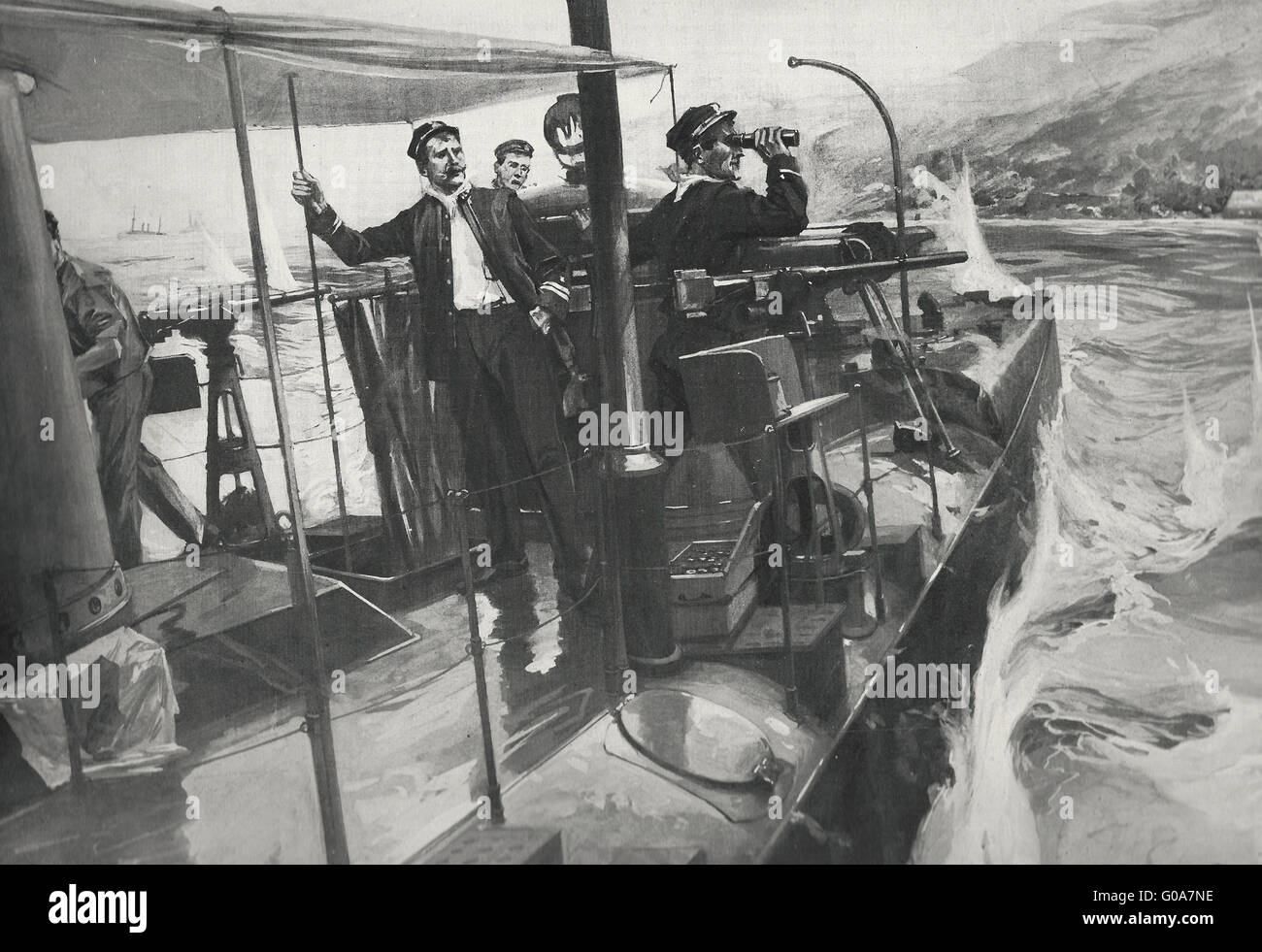 The Torpedo Boat Ericsson reconnoitering off Santiago Harbor to observe ...