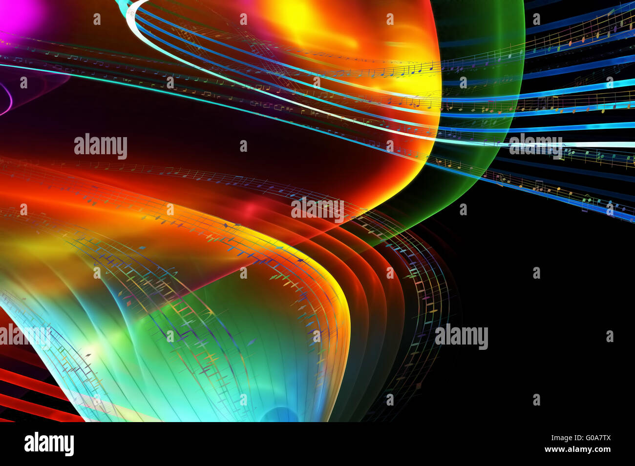 Music notes, colorful illustration on black background Stock Photo - Alamy