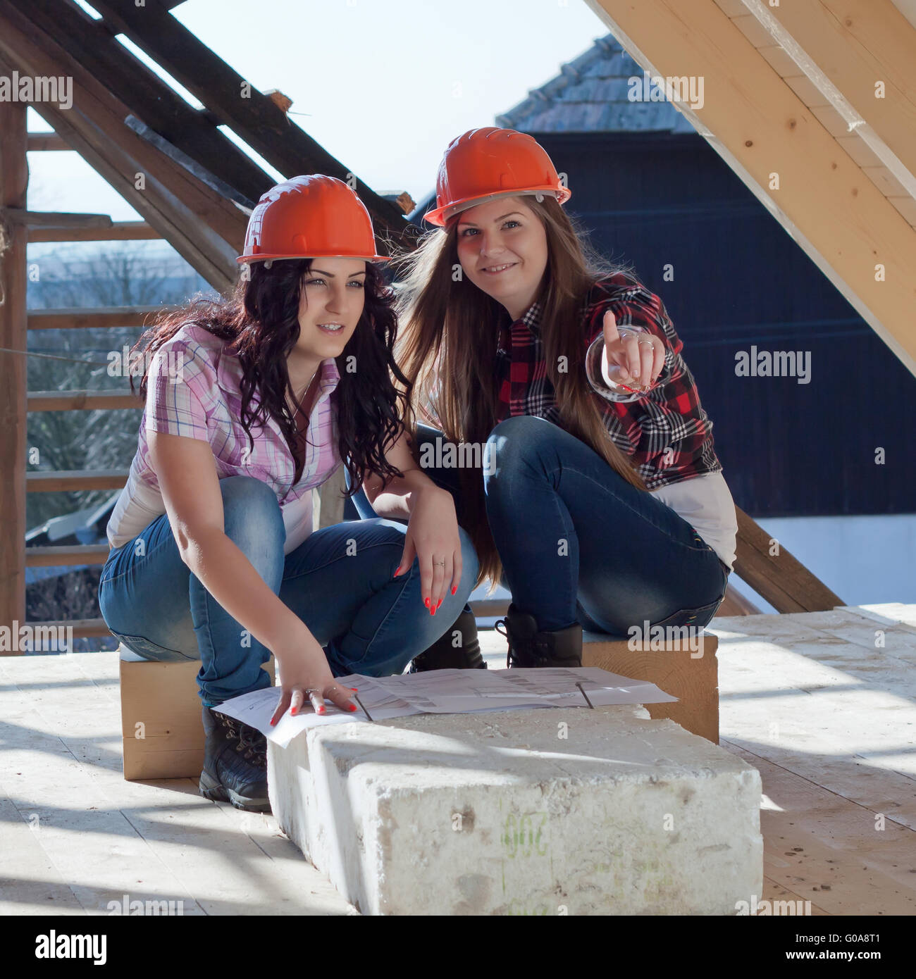 Two young women workers on the roof Stock Photo - Alamy