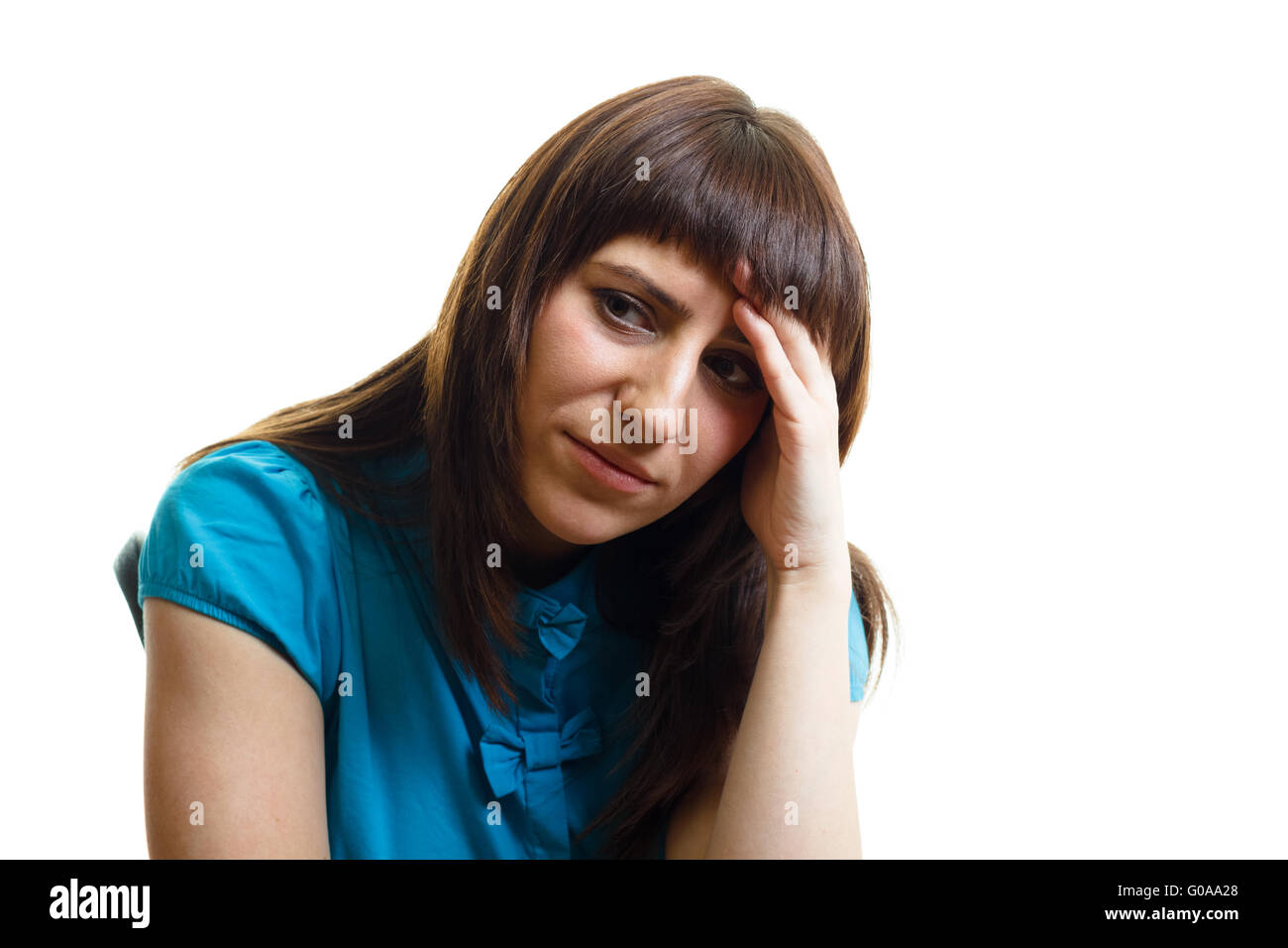 tired girl on a chair on a white background Stock Photo - Alamy