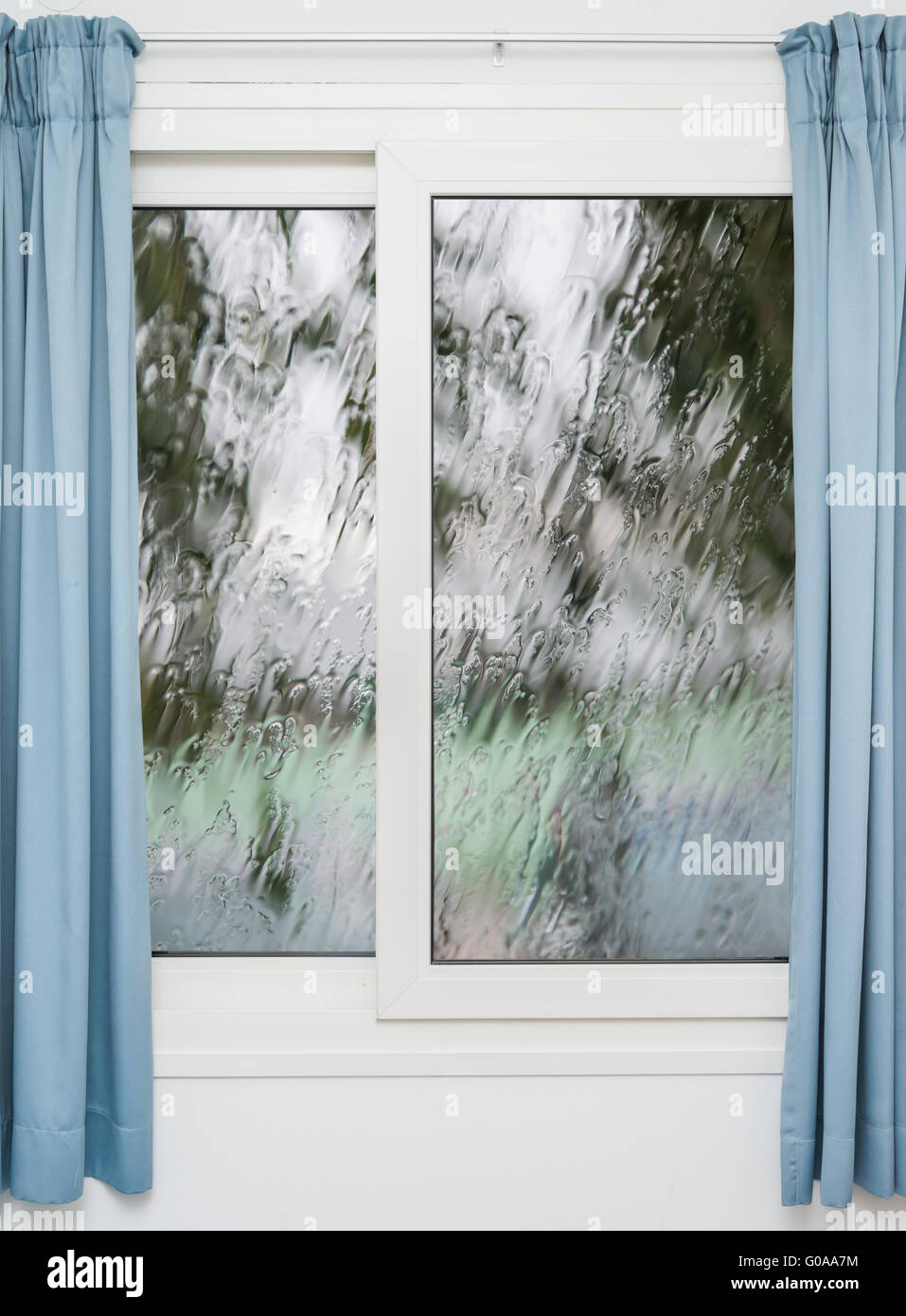 Closed window with curtains in rainy autumn weather Stock Photo - Alamy