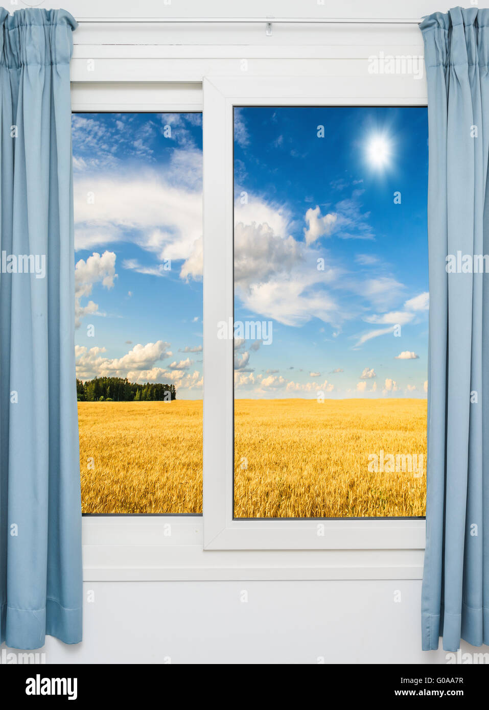 nature landscape with a view through a window with curtains Stock Photo ...