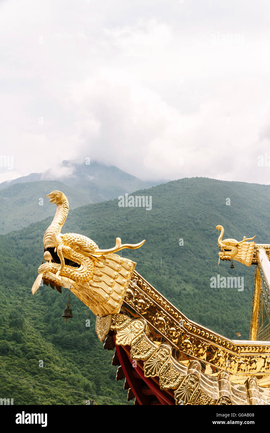 Kangding, Sichuan province, China - Close up of the golden eave of Namo ...