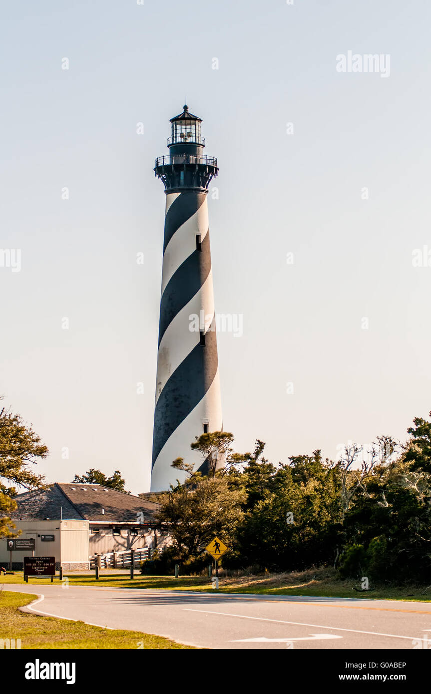 Diagonal black and white stripes mark the Cape Hatteras lighthouse at ...