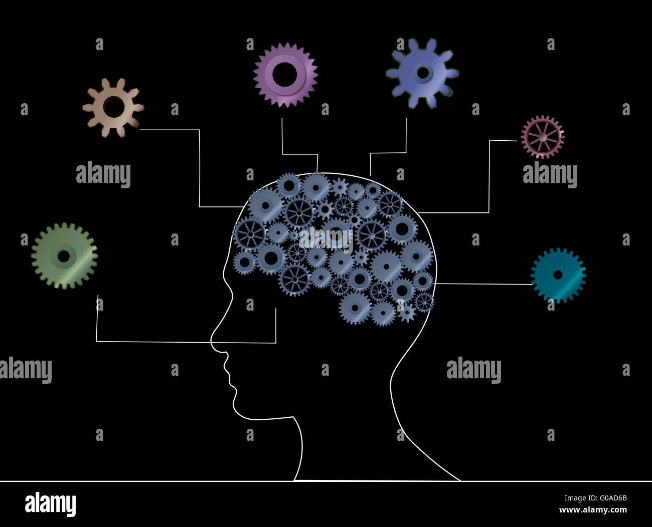 Illustration of a brain with many ideas on a black background Stock ...
