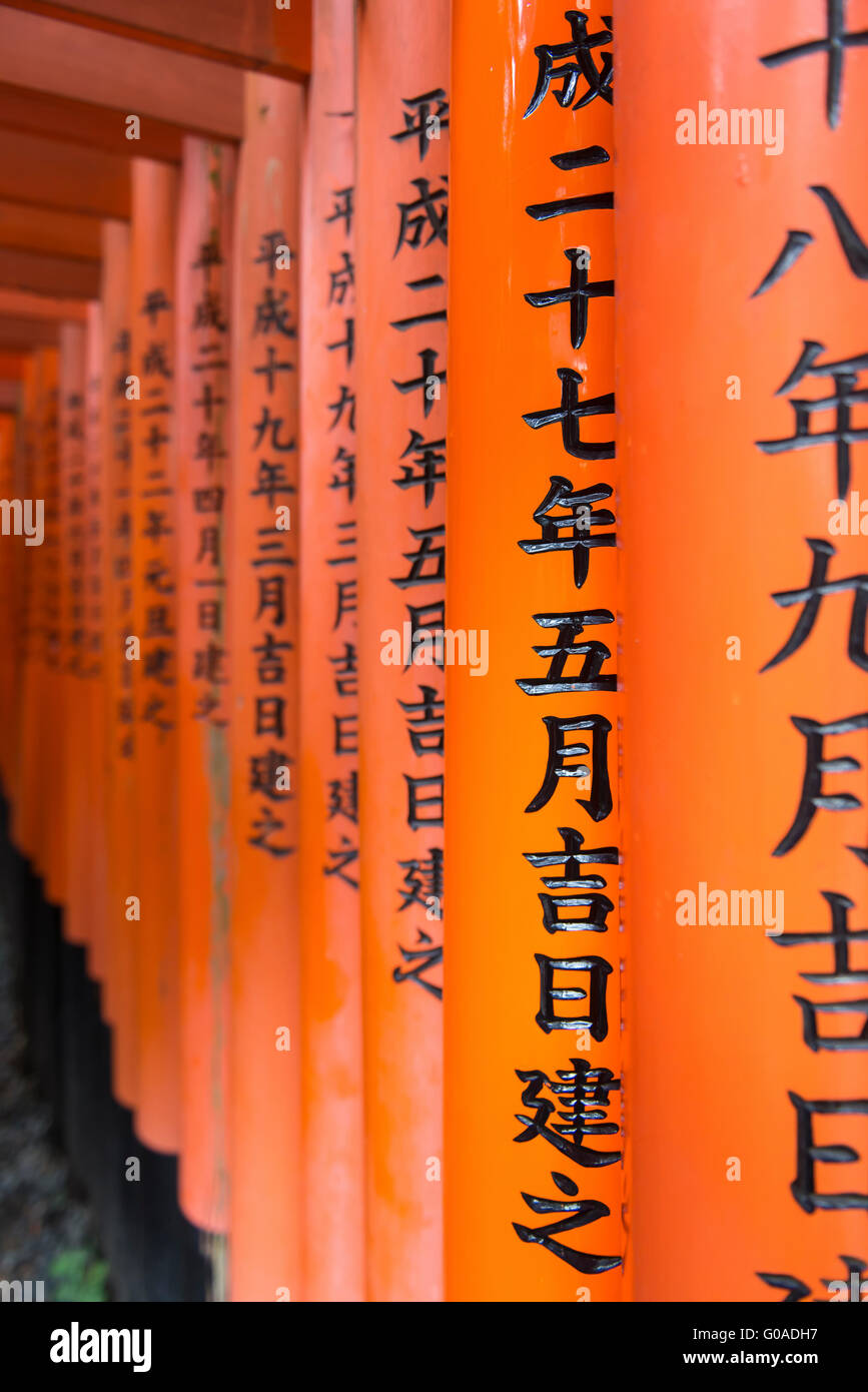 Close up of writing on the red torii gates at Fushimi Inari Shrine in ...