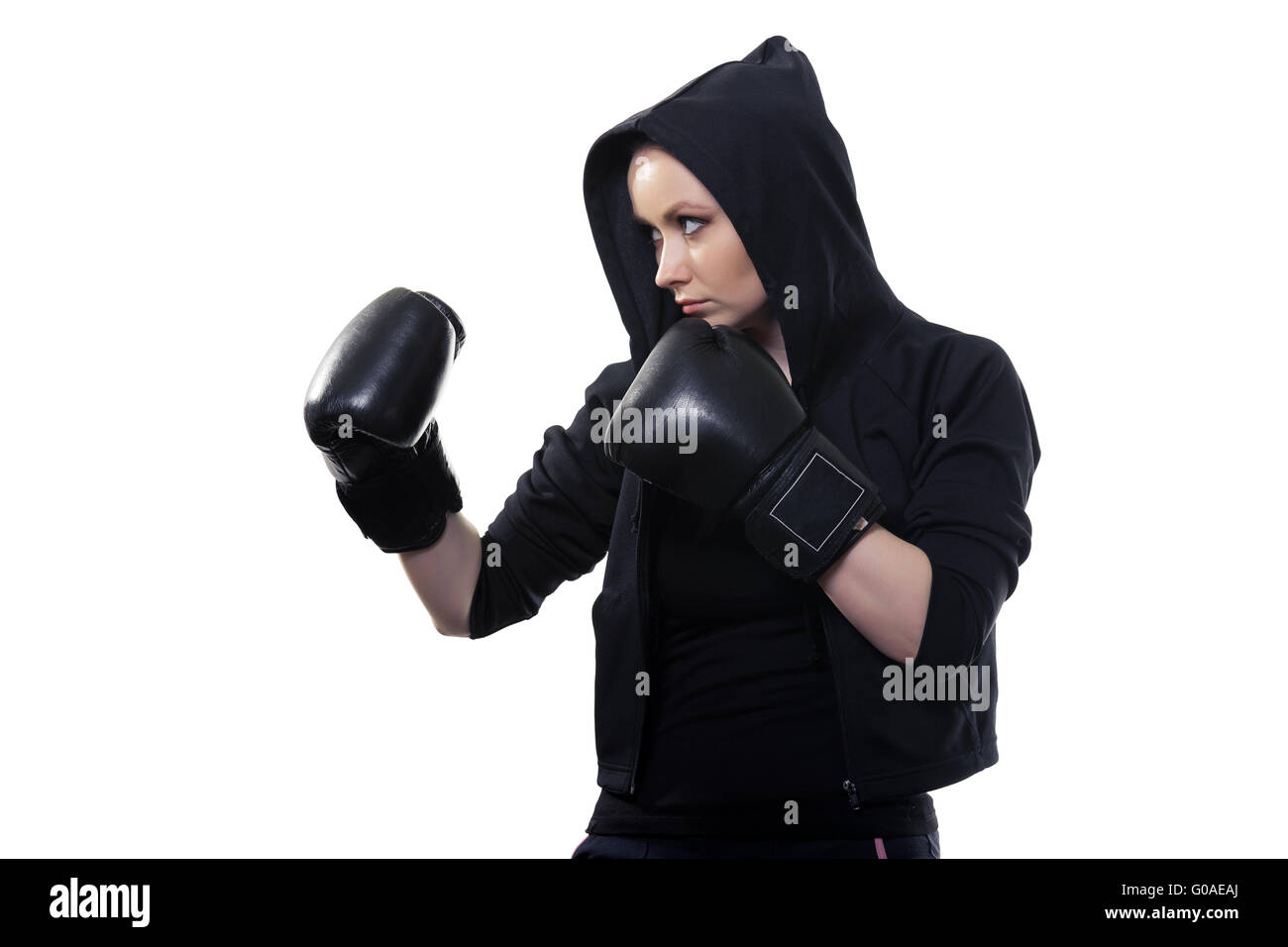 Young woman in boxing gloves on a white background Stock Photo - Alamy