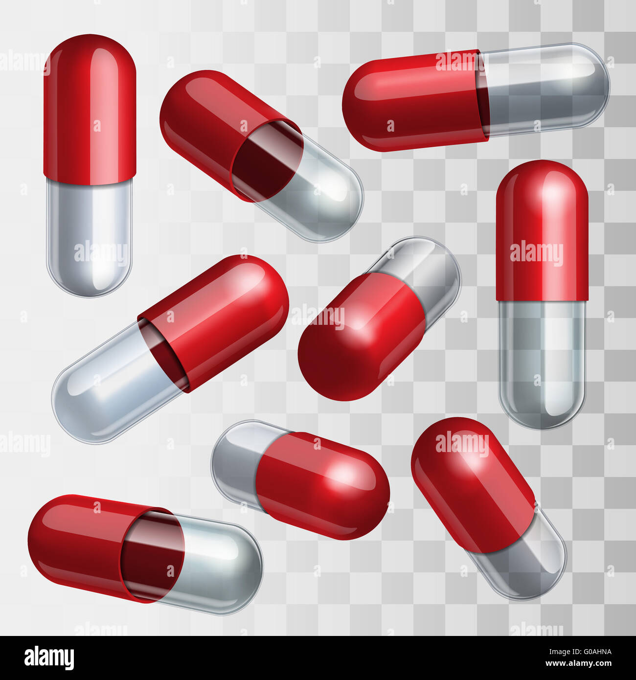 Set of red and transparent medical capsules in different positions ...