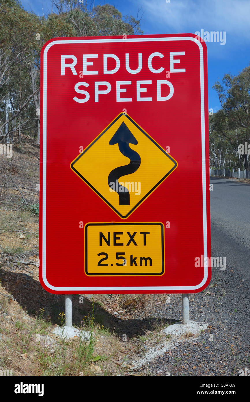 Reduce Speed for next 2.5 km sign beside a road, Queensland, Australia ...