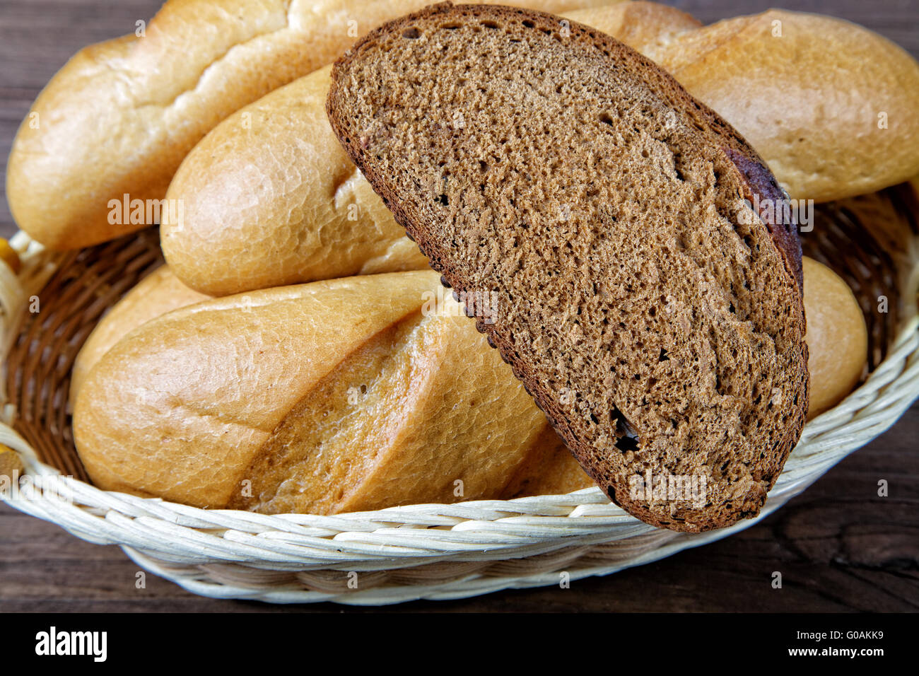 Still-life with a slice of black bread and white rolls Stock Photo - Alamy