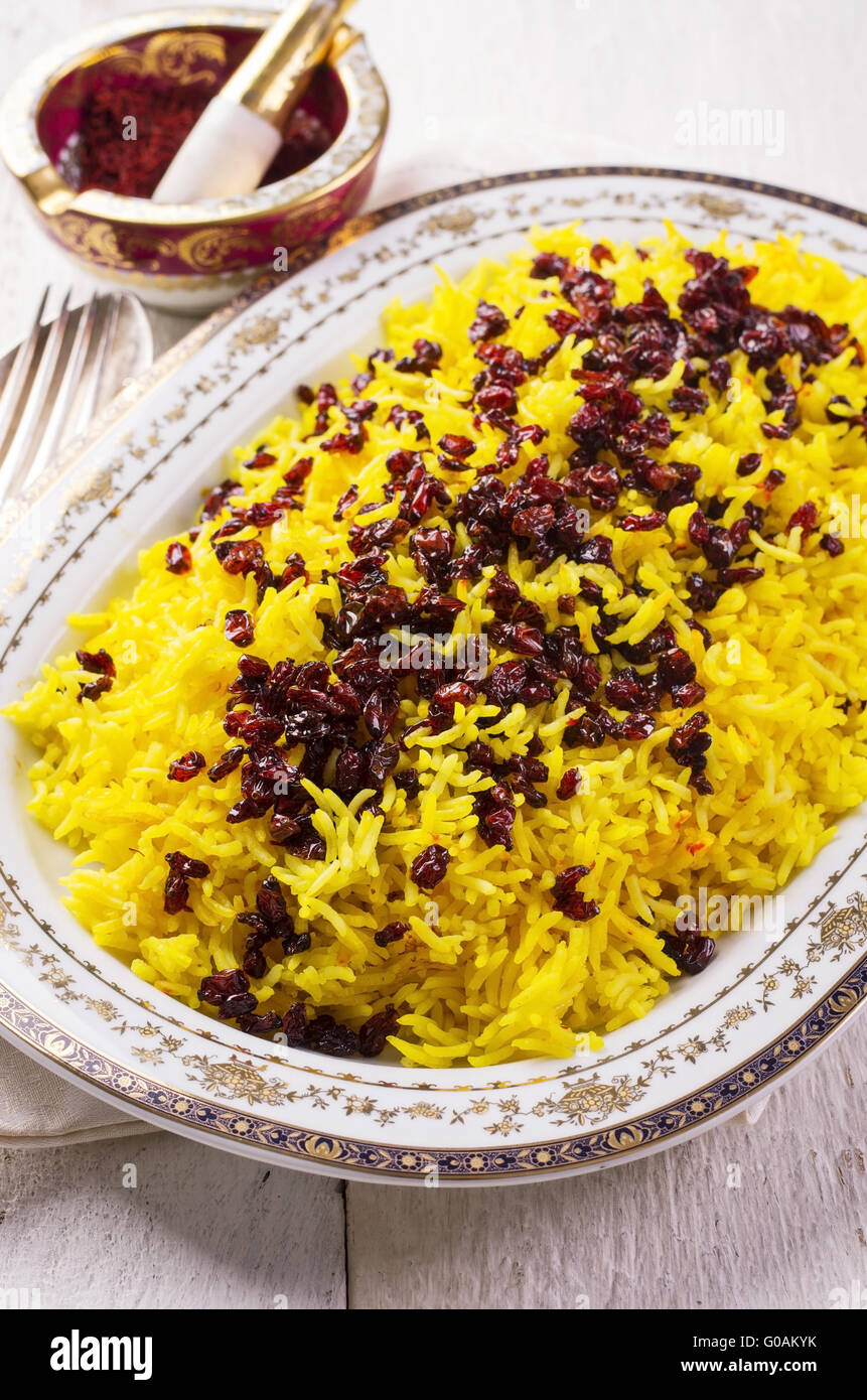 zereshk polo - persian saffron rice with berberis Stock Photo - Alamy