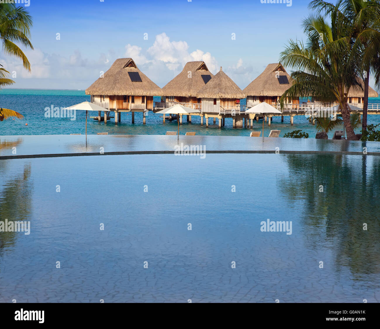 seacoast with palm trees and small houses on water Stock Photo - Alamy
