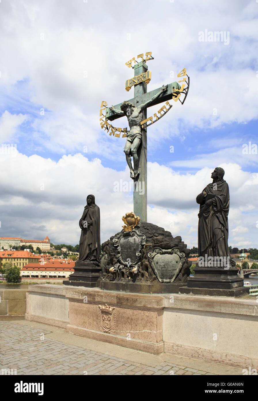 Statuary of the Holy Crucifix and Calvary. Charles Bridge in Prague ...