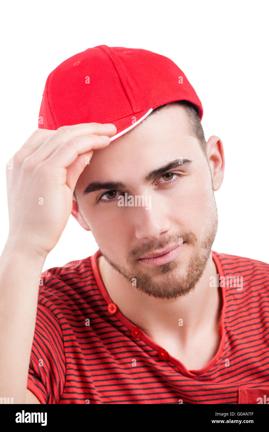 Handsome guy in baseball cap smiling at camera, wearing casual clothes ...