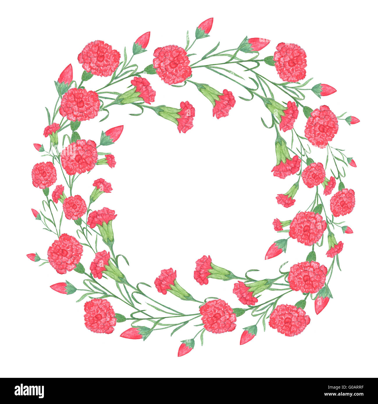 Watercolor carnation wreath with red flower. Isolated illustration on ...