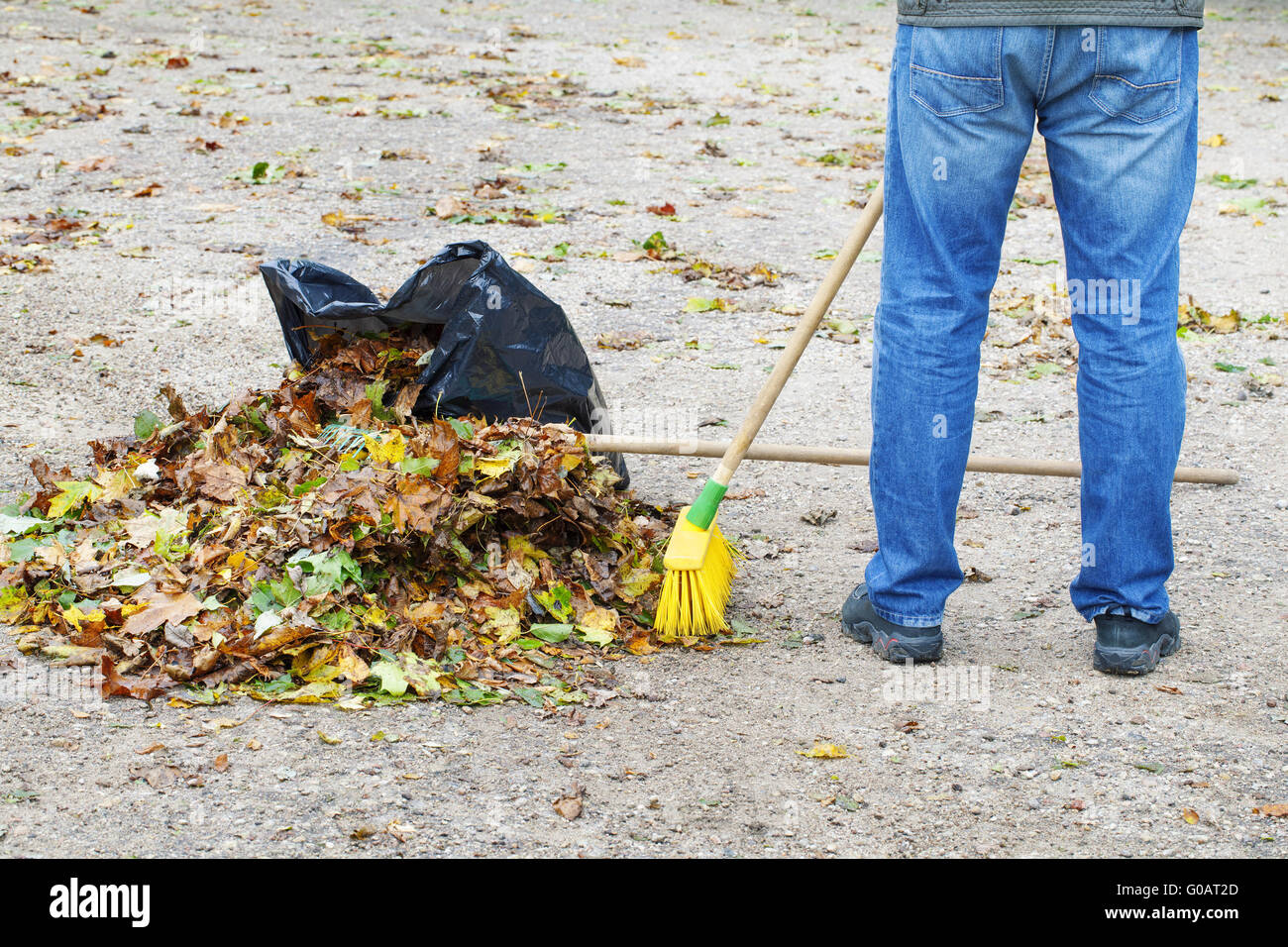 Man with brush near rake and leaves Stock Photo - Alamy