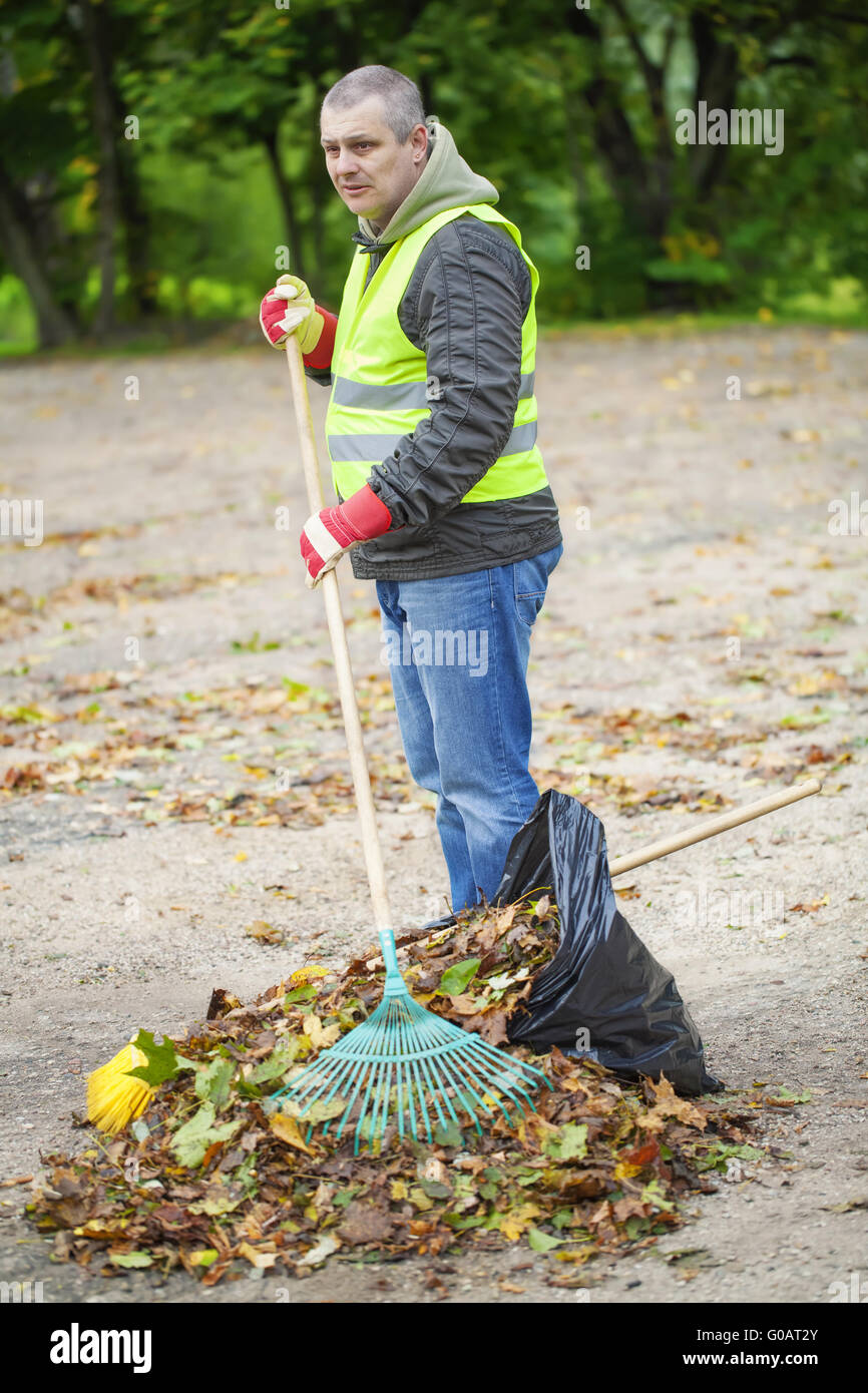 Man with rake collects leaves Stock Photo - Alamy