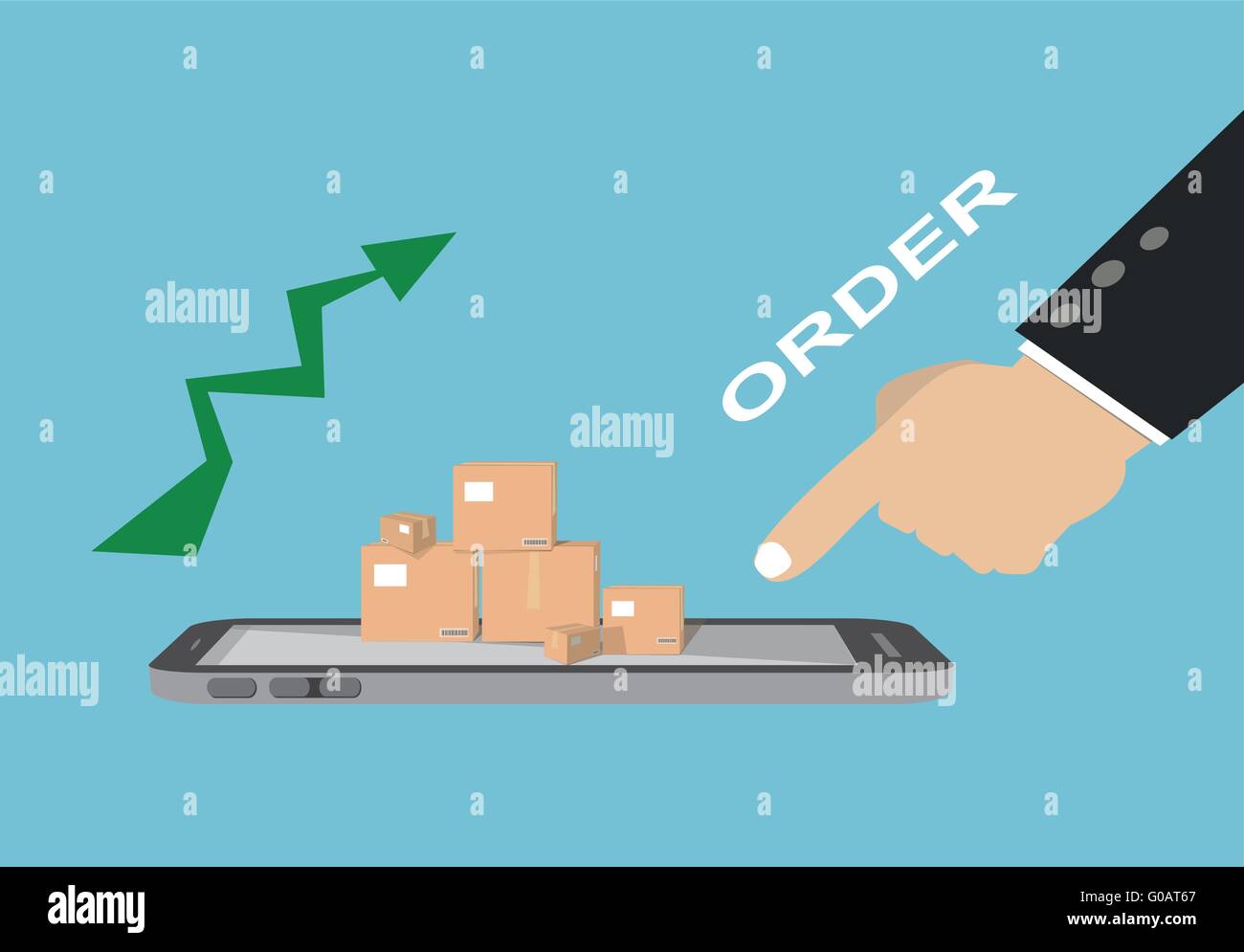 human hand pointing finger to order products package boxes from a ...