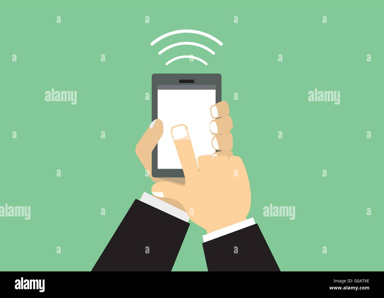 flat vector hand holding mobile and push pay button. business mobile ...