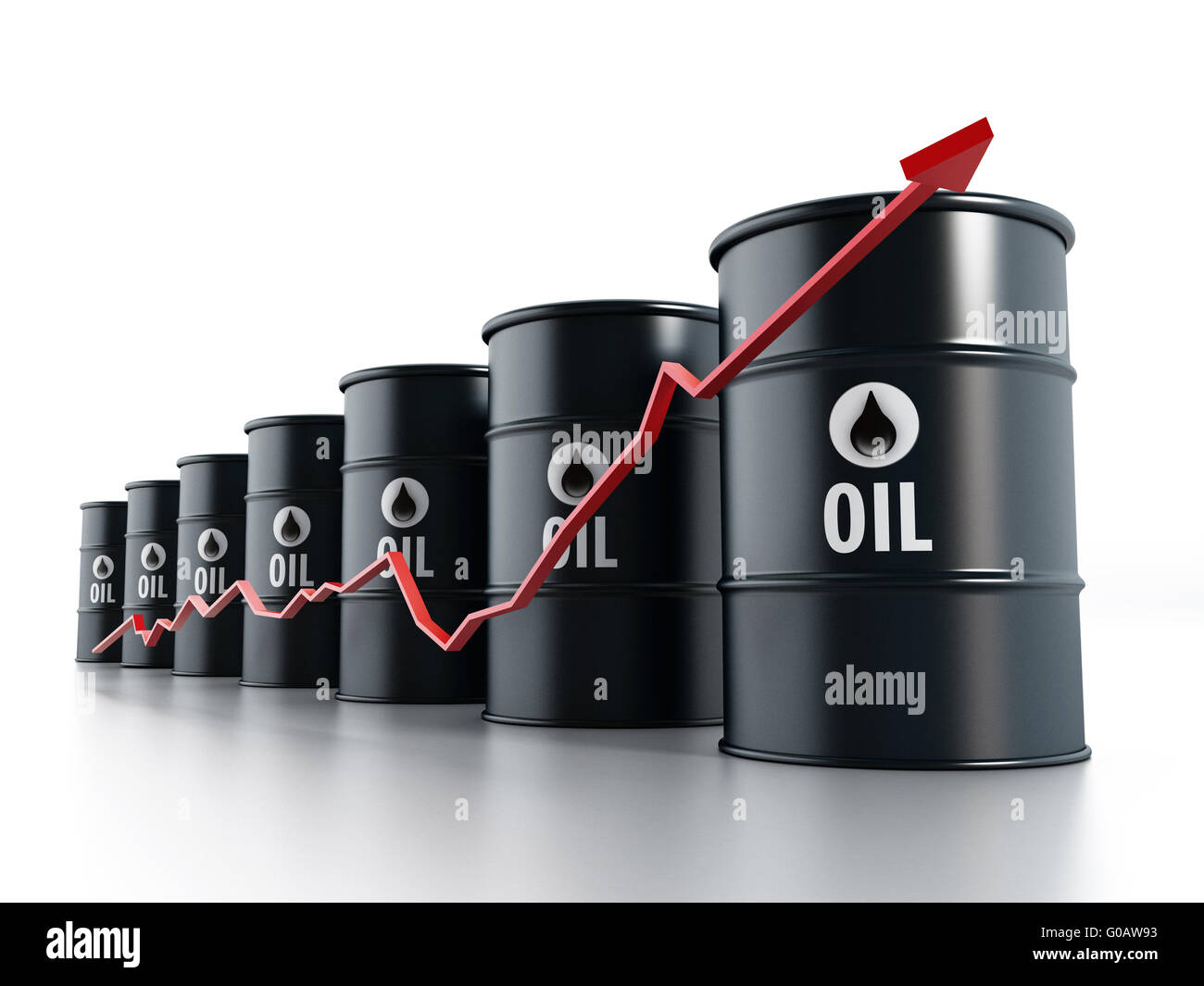 Black oil barrels with red arrow illustrating rising oil prices Stock ...