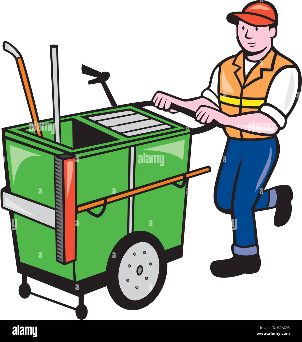 Streeet Cleaner Pushing Trolley Cartoon Isolated Stock Photo - Alamy