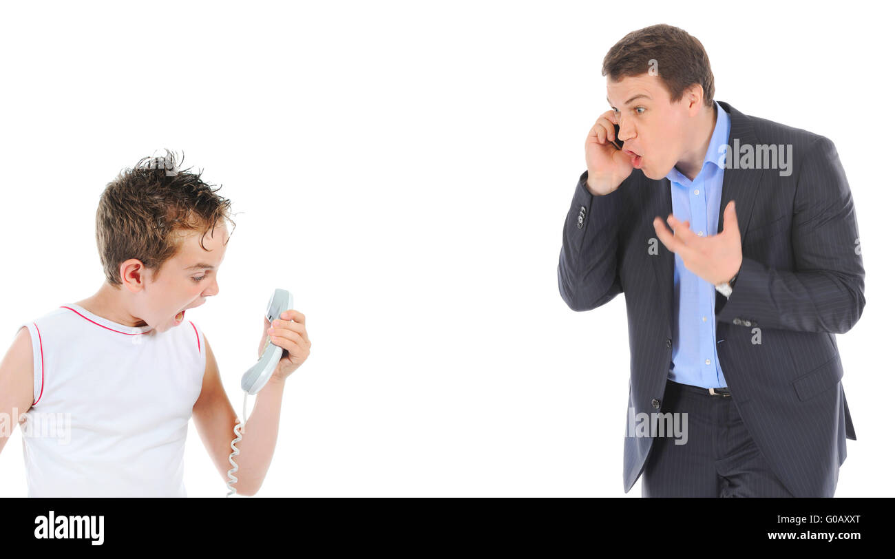 Father and son is arguing while talking over the telephone Stock Photo ...