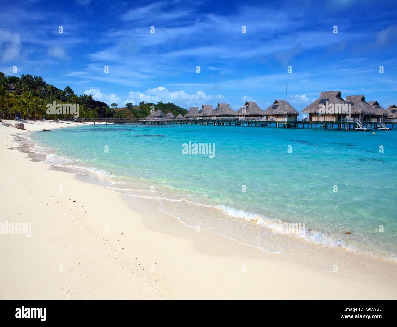 seacoast with palm trees and small houses on water Stock Photo - Alamy