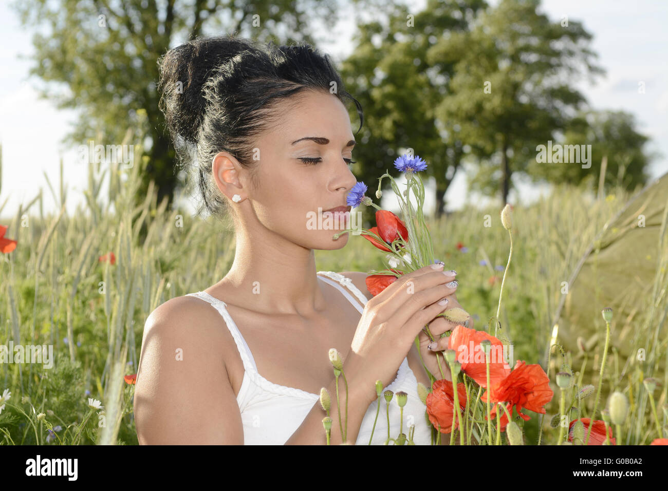 woman smelling poppy Stock Photo - Alamy