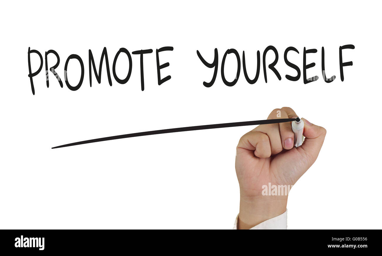 Motivational concept, image of a hand holding marker and write Promote ...