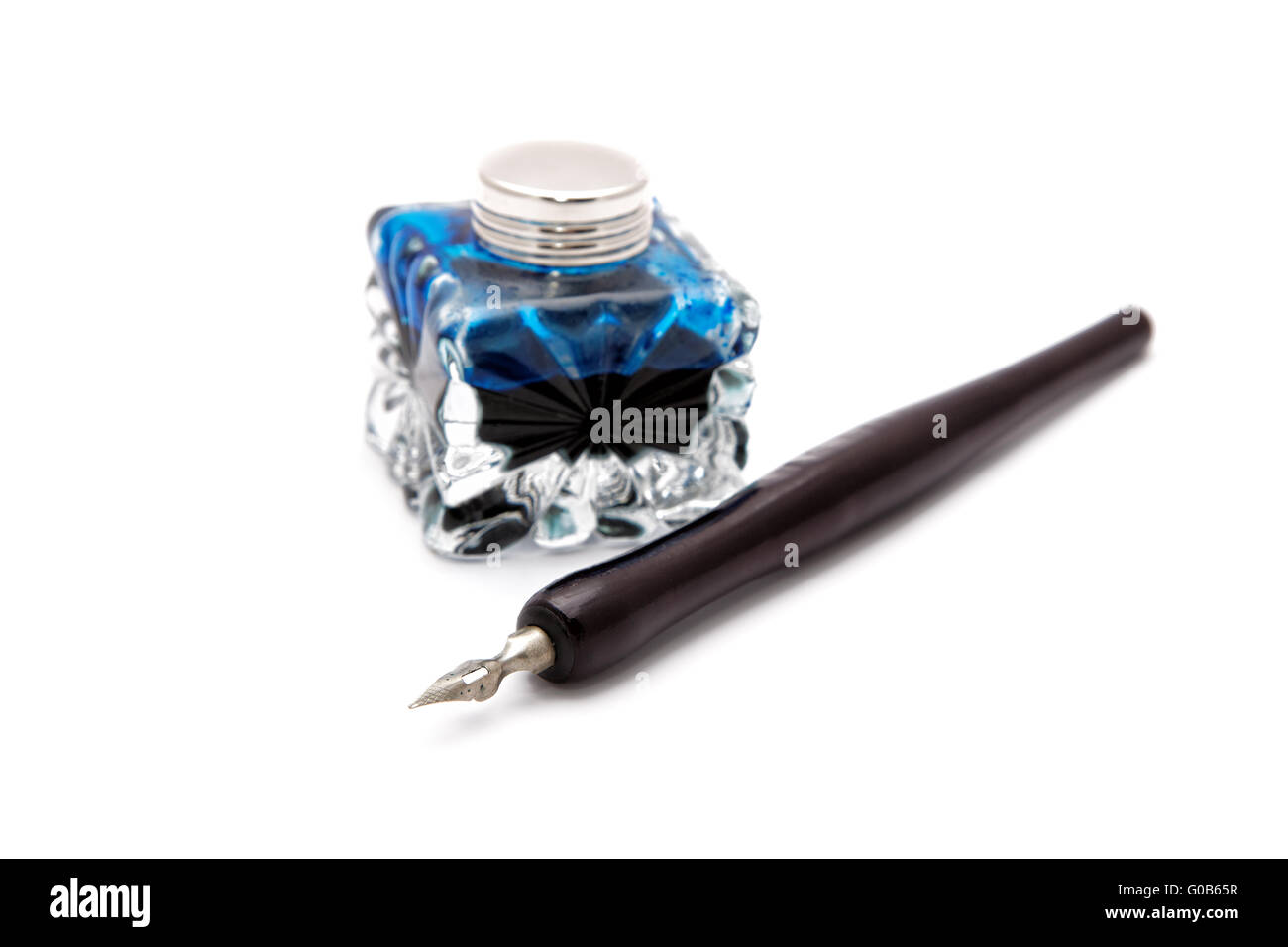Vintage fountain pen and inkwell isolated on a white background Stock ...