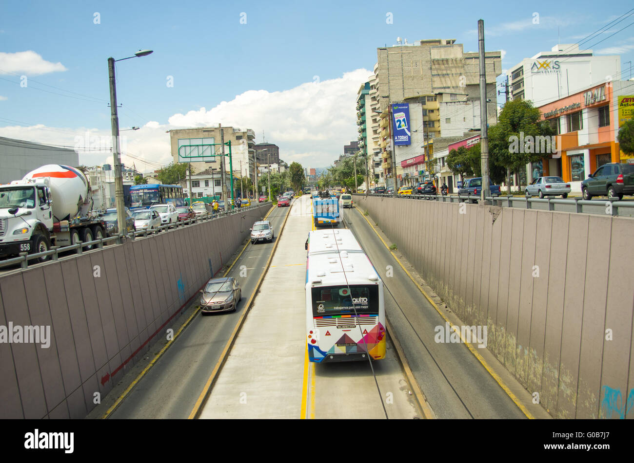 Trolley bus lane inner city Quito Ecuador on a sunny day with some ...