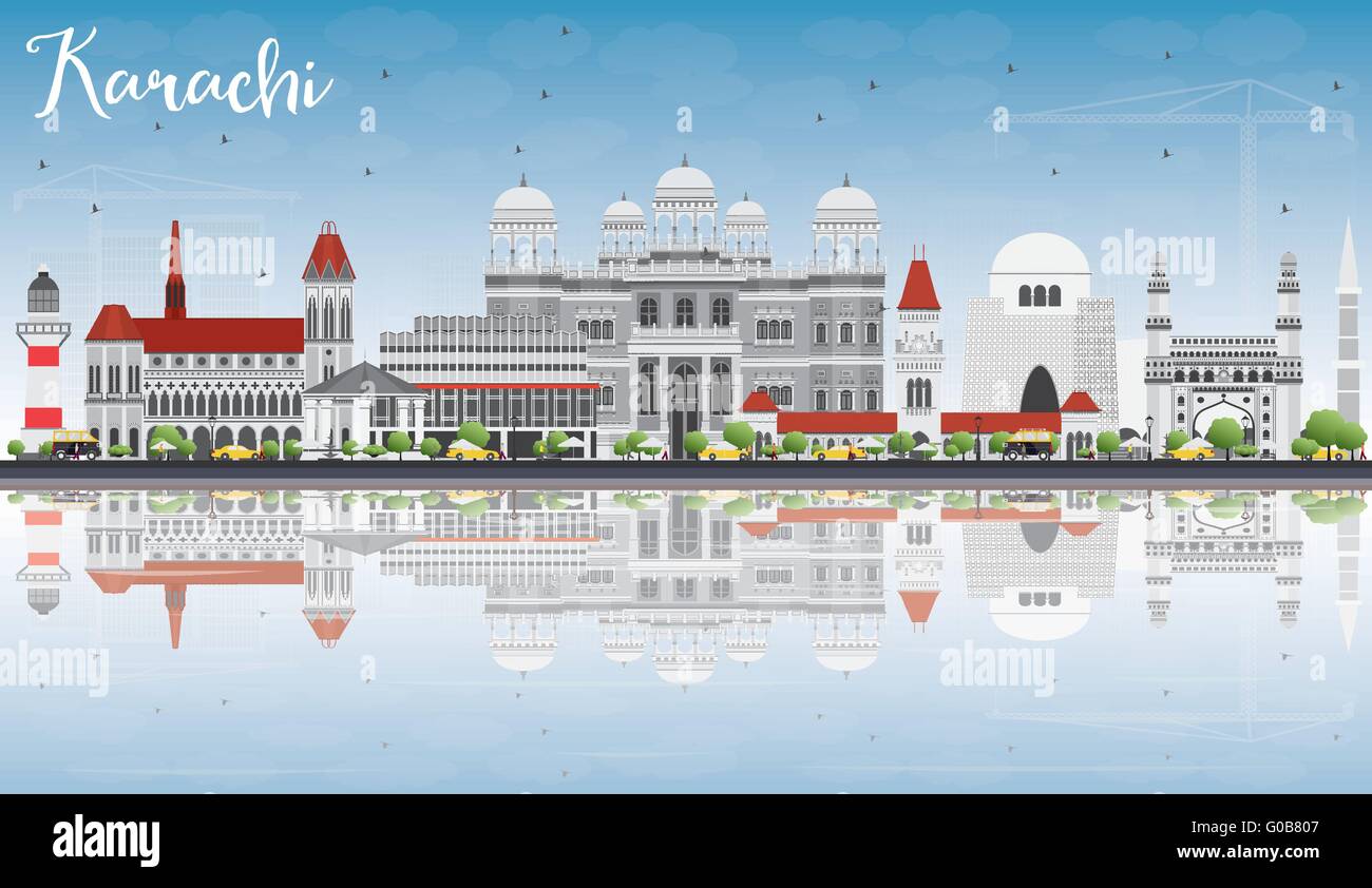 Karachi Skyline with Gray Landmarks, Blue Sky and Reflections. Vector ...